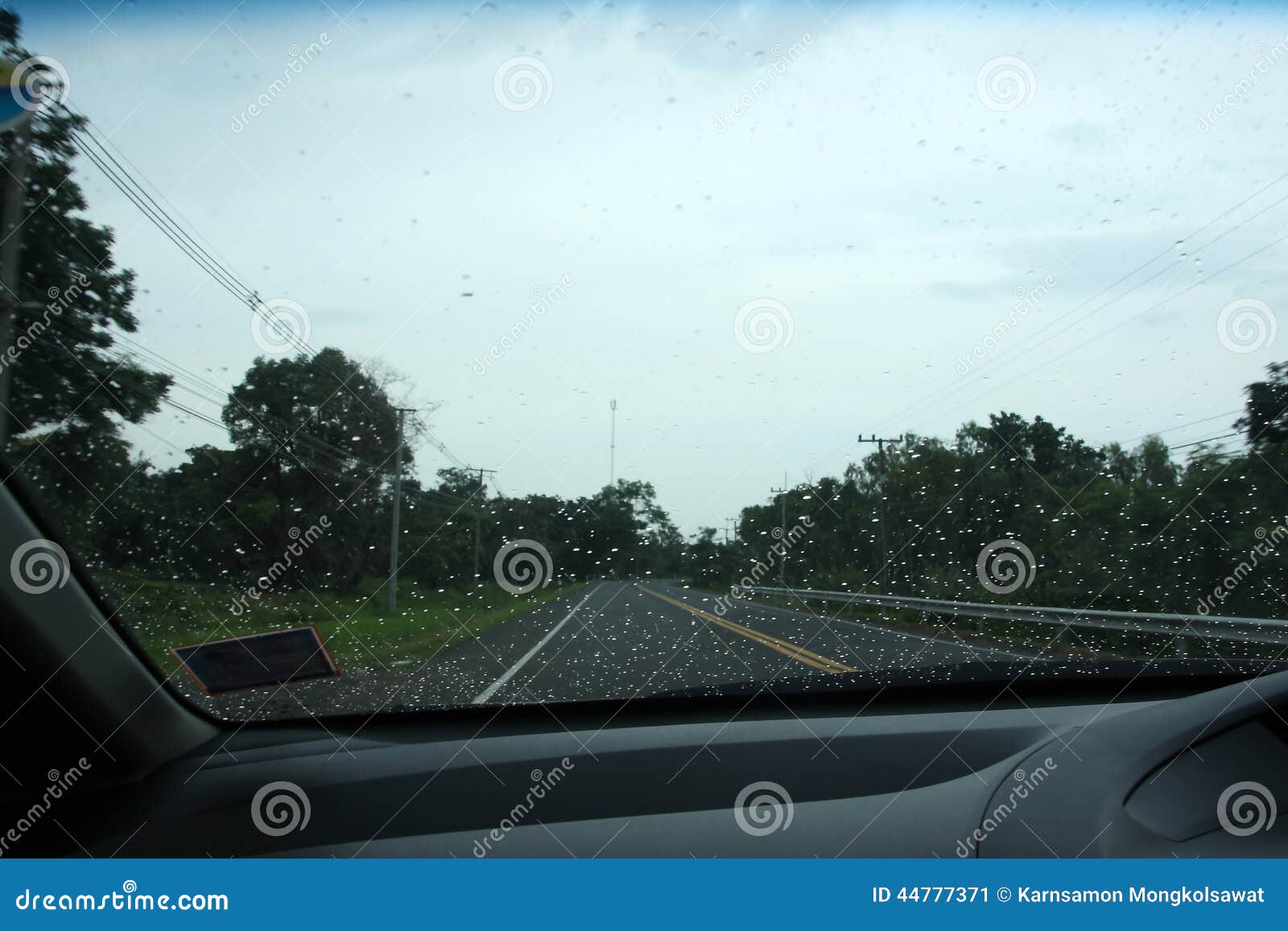 Road View through Car Window with Rain Drops Stock Image - Image of ...