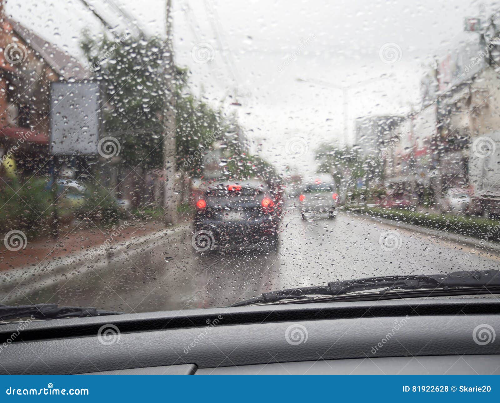 Road View through Car Windshield with Rain Drops Stock Photo - Image of ...