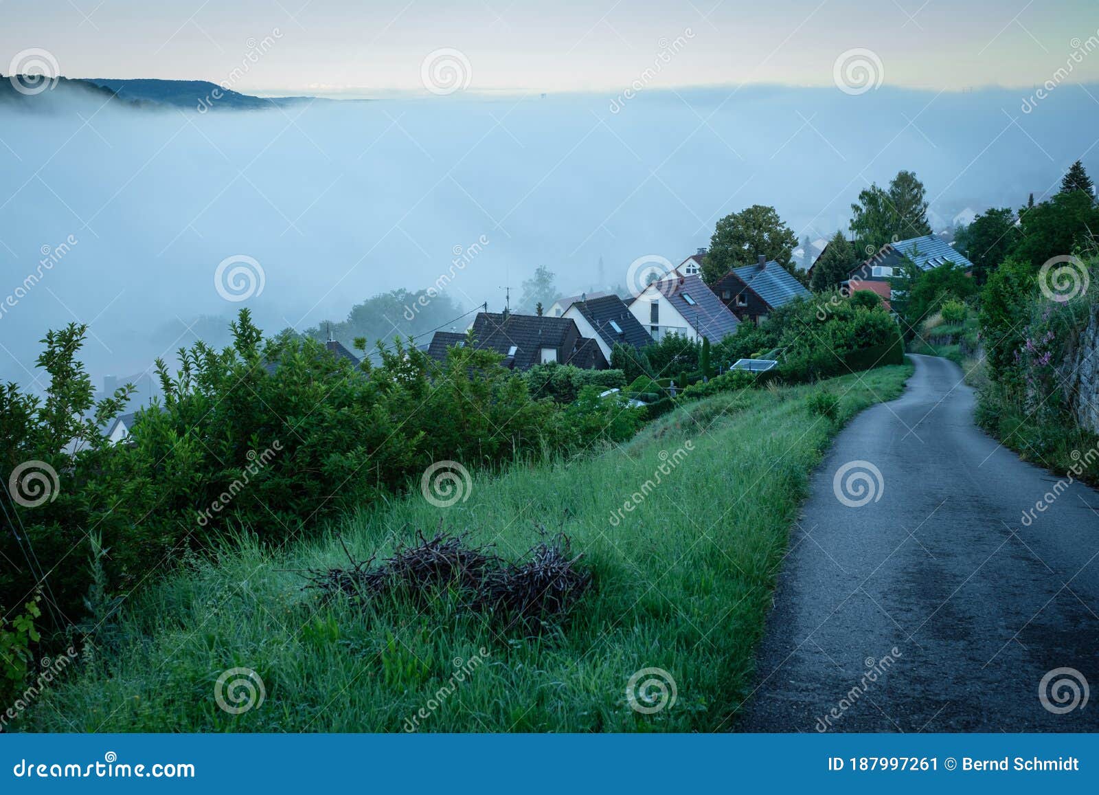 Road in a Village with Homes and Morning Mist Stock Image - Image of ...