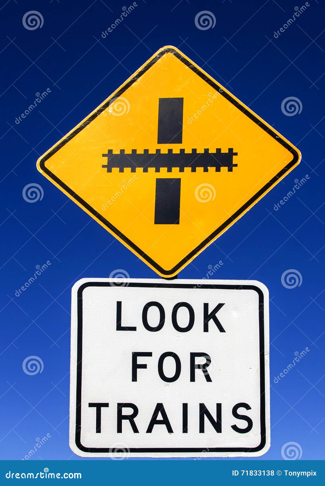 Road Warning Sign - Look for Trains Stock Photo - Image of signs ...