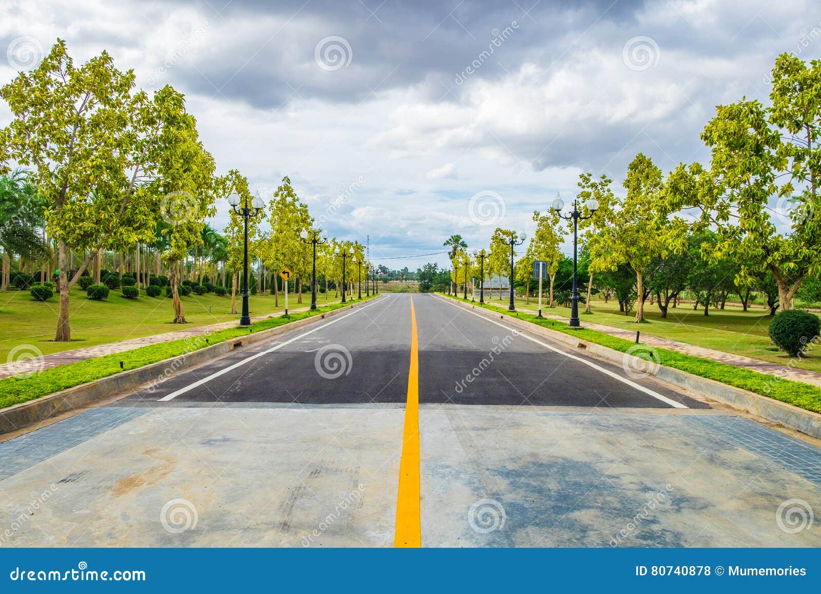 Road Way with Tree Yellow and Pole Light Stock Photo - Image of curve ...