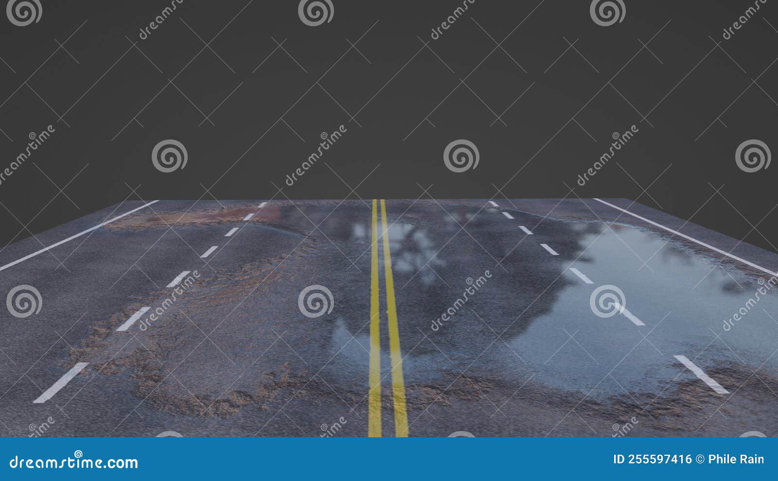 The Road is Wet with Rain, the Road Surface is Cracked and Wet Stock ...