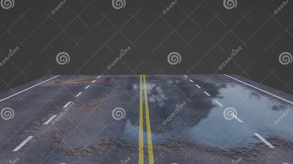 The Road is Wet with Rain, the Road Surface is Cracked and Wet Stock ...