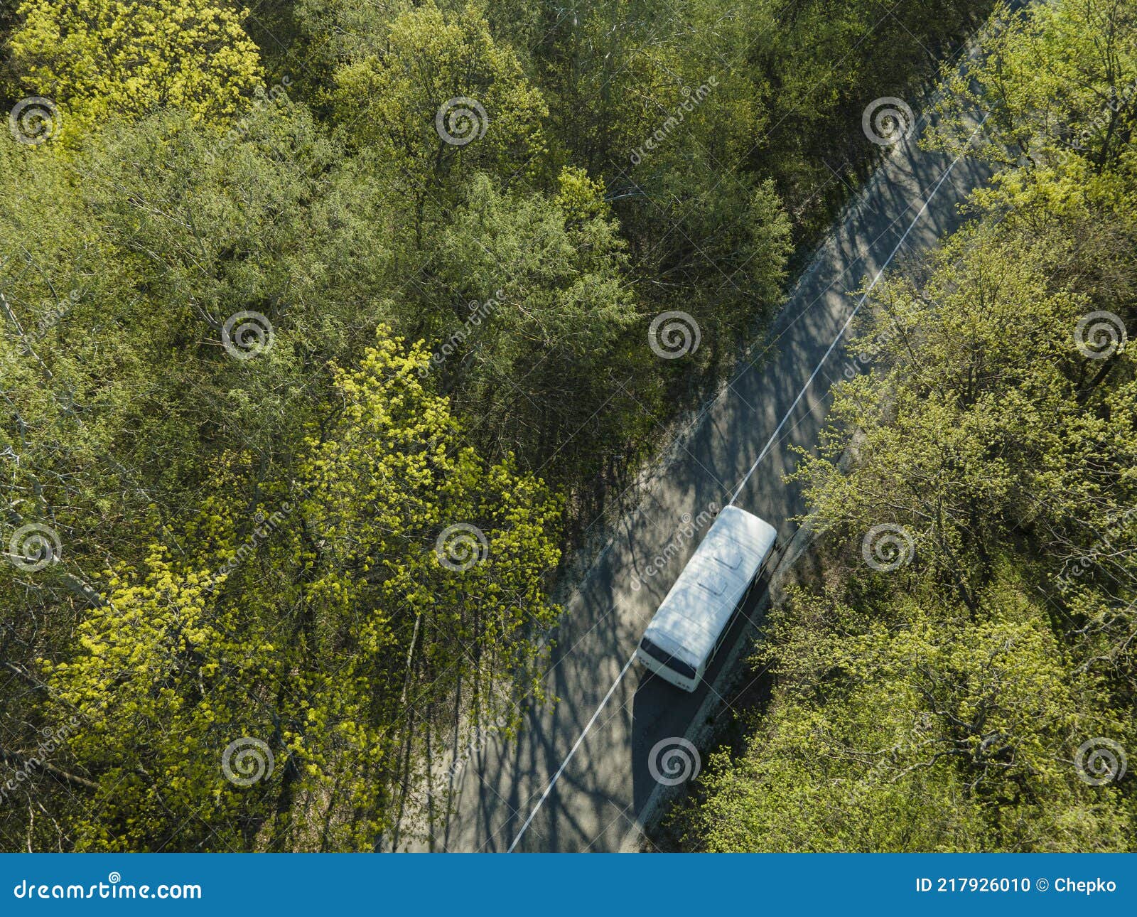 Road with White Bus in Beautiful Summer Forest Aerial Stock Photo ...