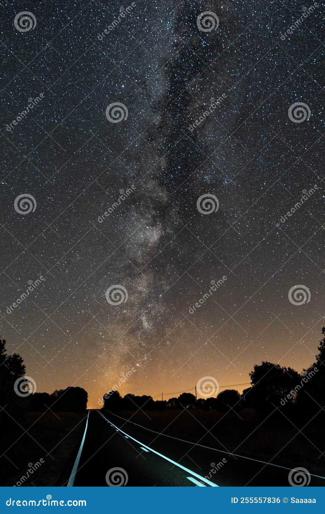 Road with White Lines Under the Milky Way Stock Photo - Image of night ...