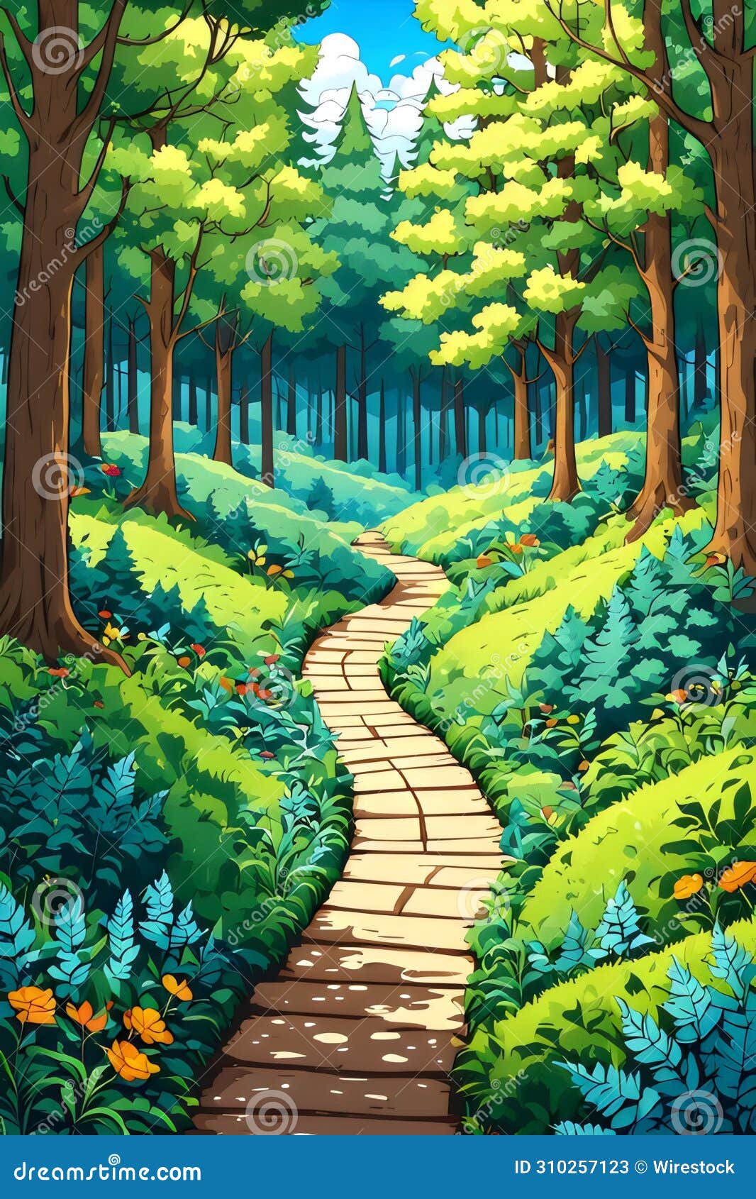 A Road through the Woods in an Animated Style Vector Art Illustration ...