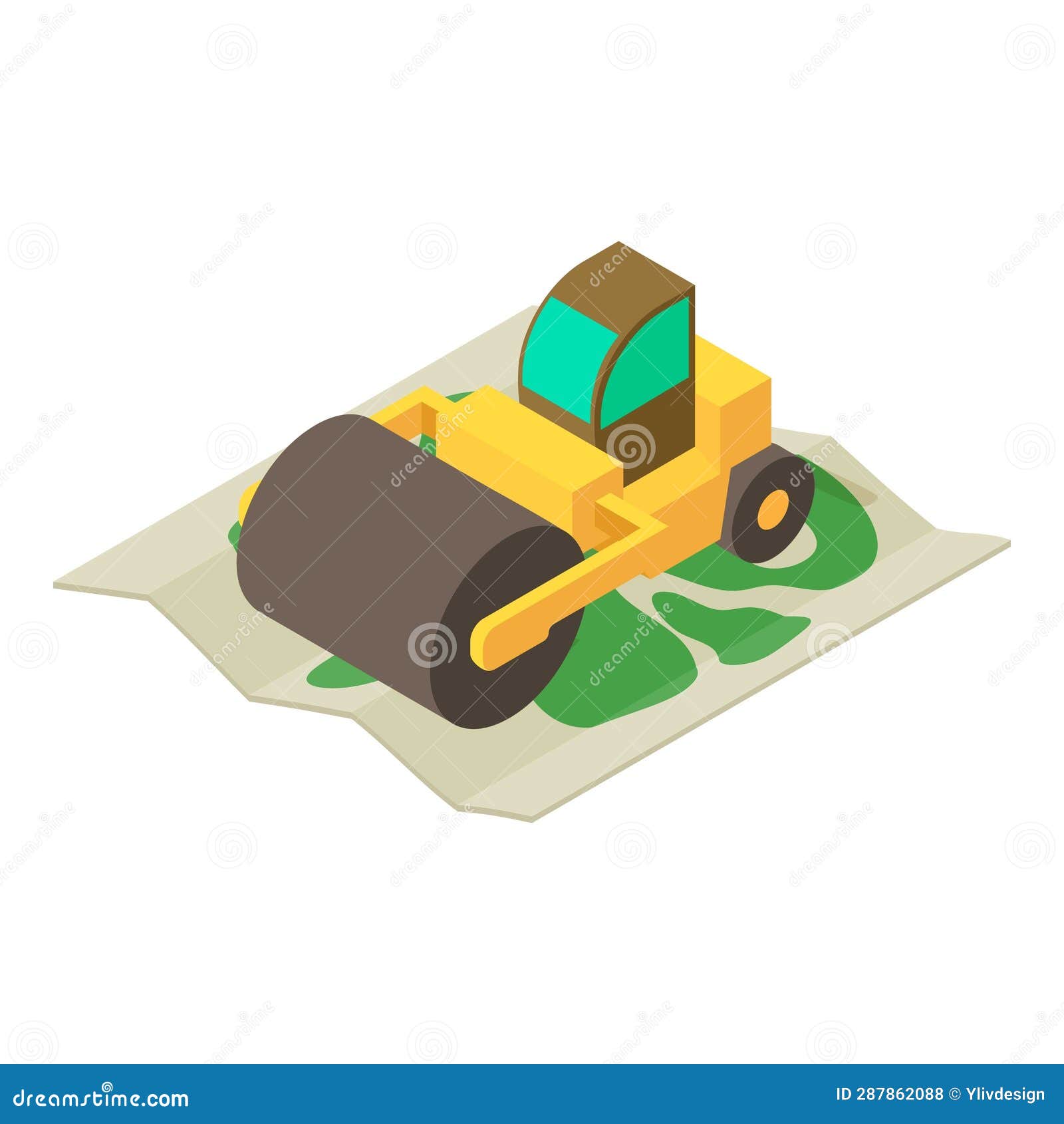 Road Work Icon Isometric Vector. Large Yellow Road Roller on Big Area ...
