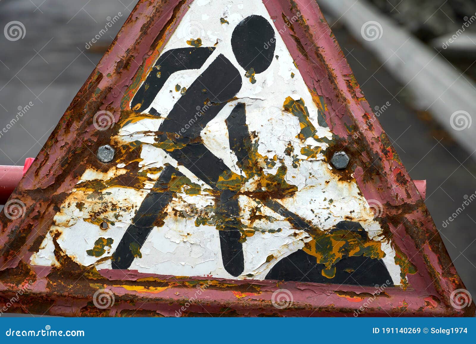 Road Work Warning Sign, Old or Obsolete Object Closeup Stock Image ...