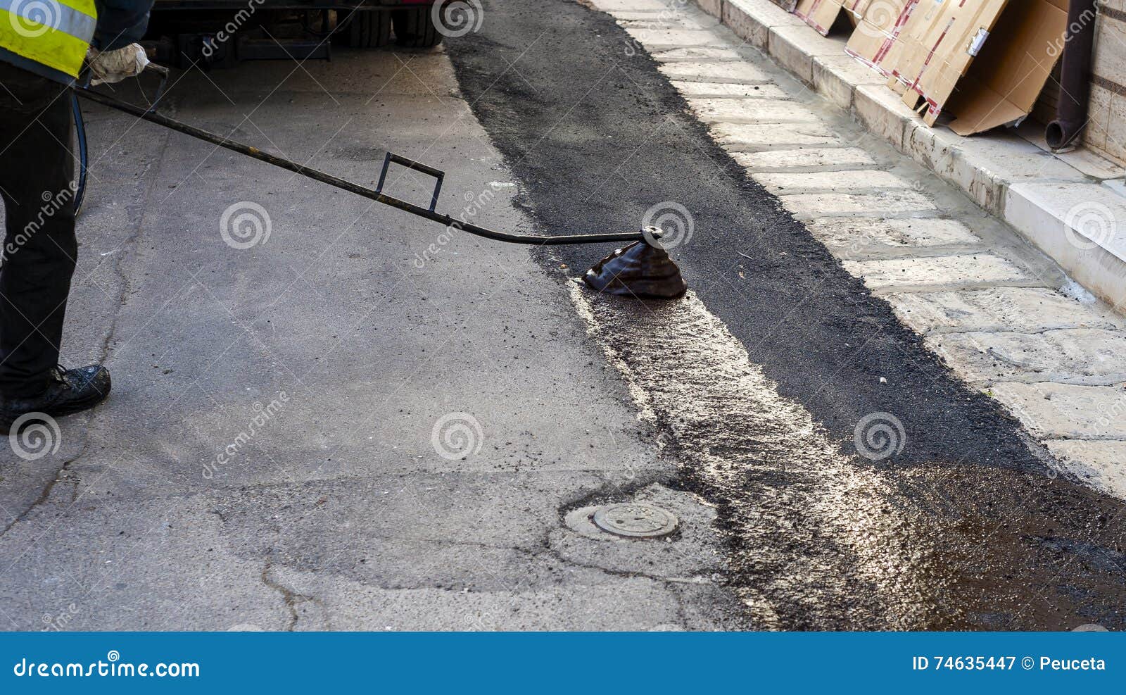 Road Worker Spraying Bitumen Emulsion Stock Image - Image of container ...