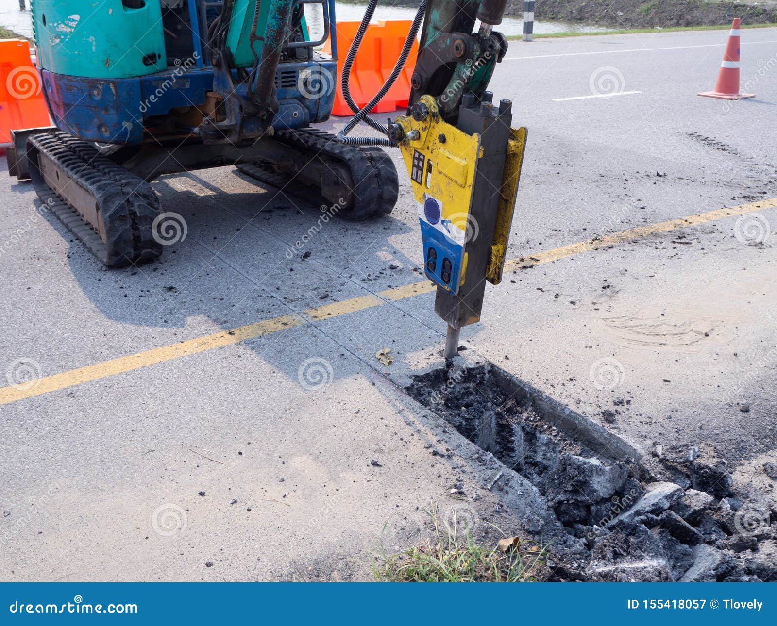 Road Works Building Site Excavator and Worker Stock Image - Image of ...