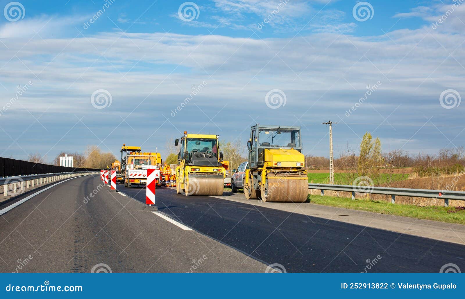 Road Works on Highway. Asphalt Rollers and Other Equipment Editorial ...
