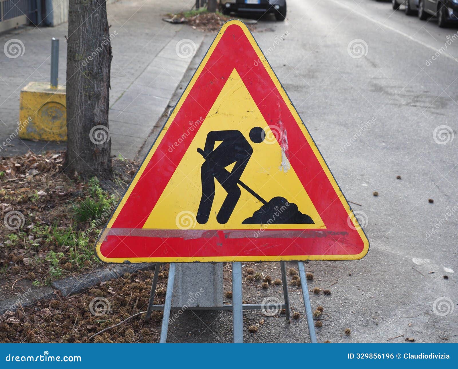 Road works sign stock photo. Image of traffic, signals - 329856196