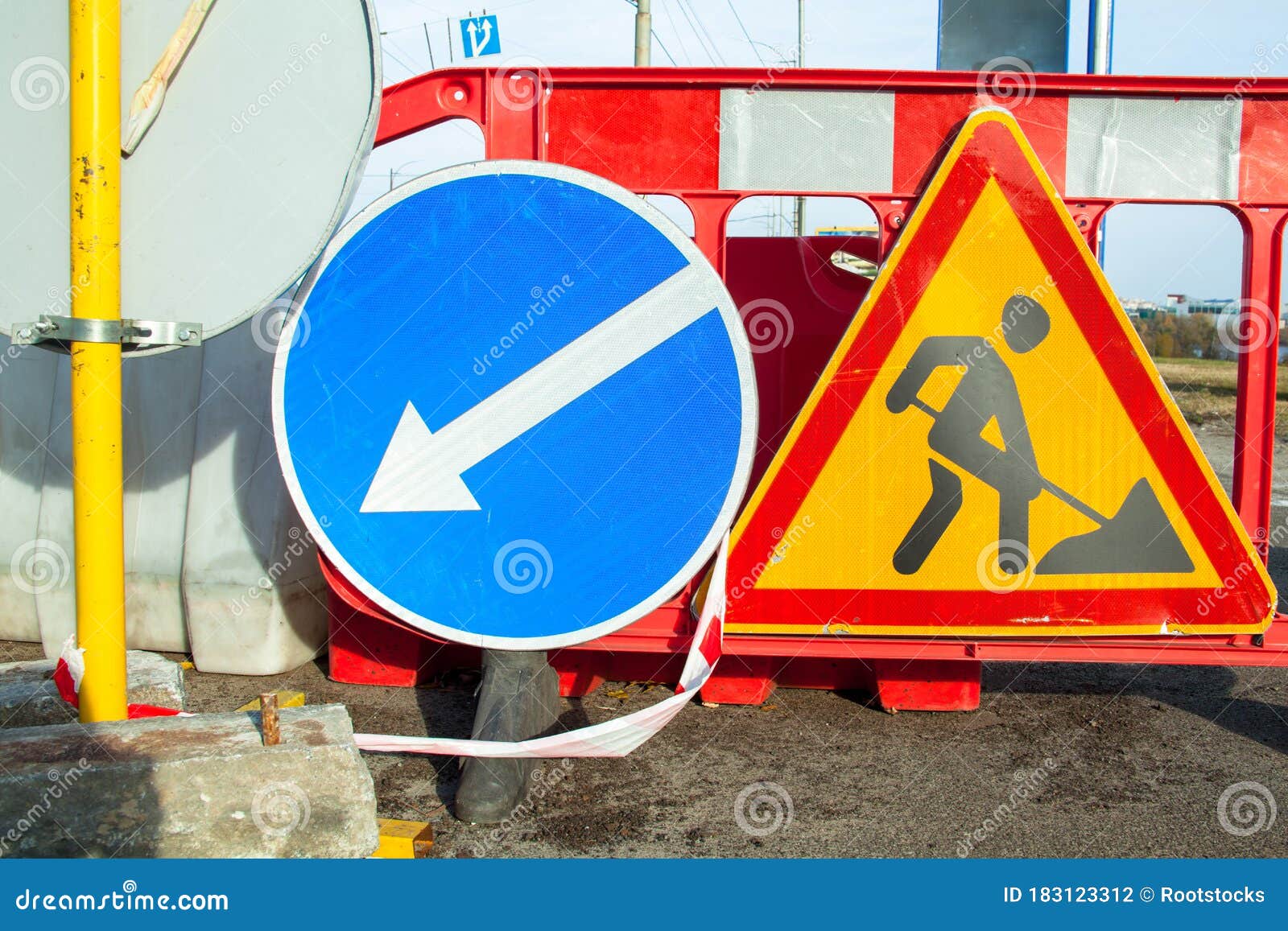 Road works. Traffic signs stock photo. Image of mark - 183123312