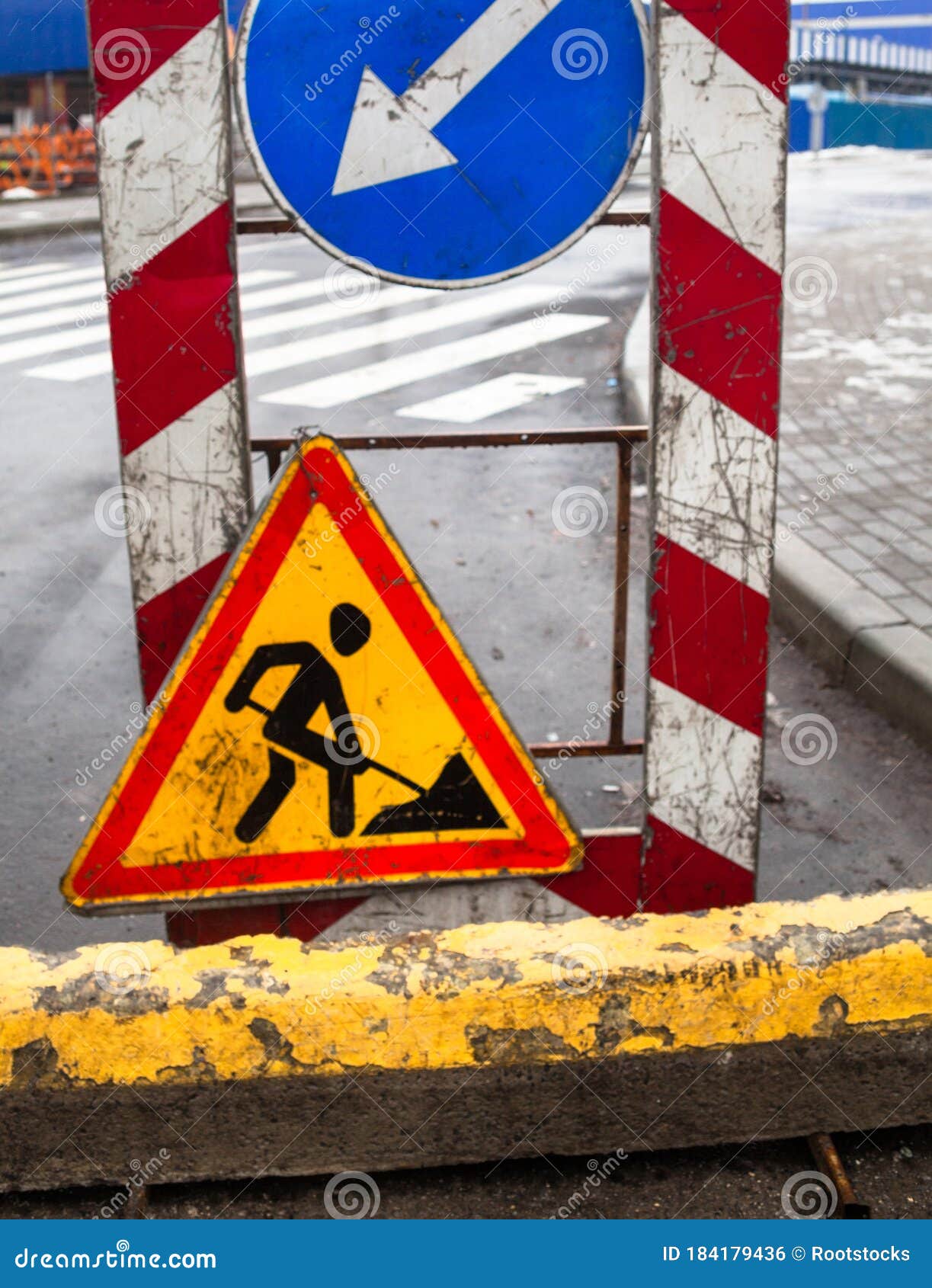 Road works. Traffic signs stock photo. Image of paint - 184179436