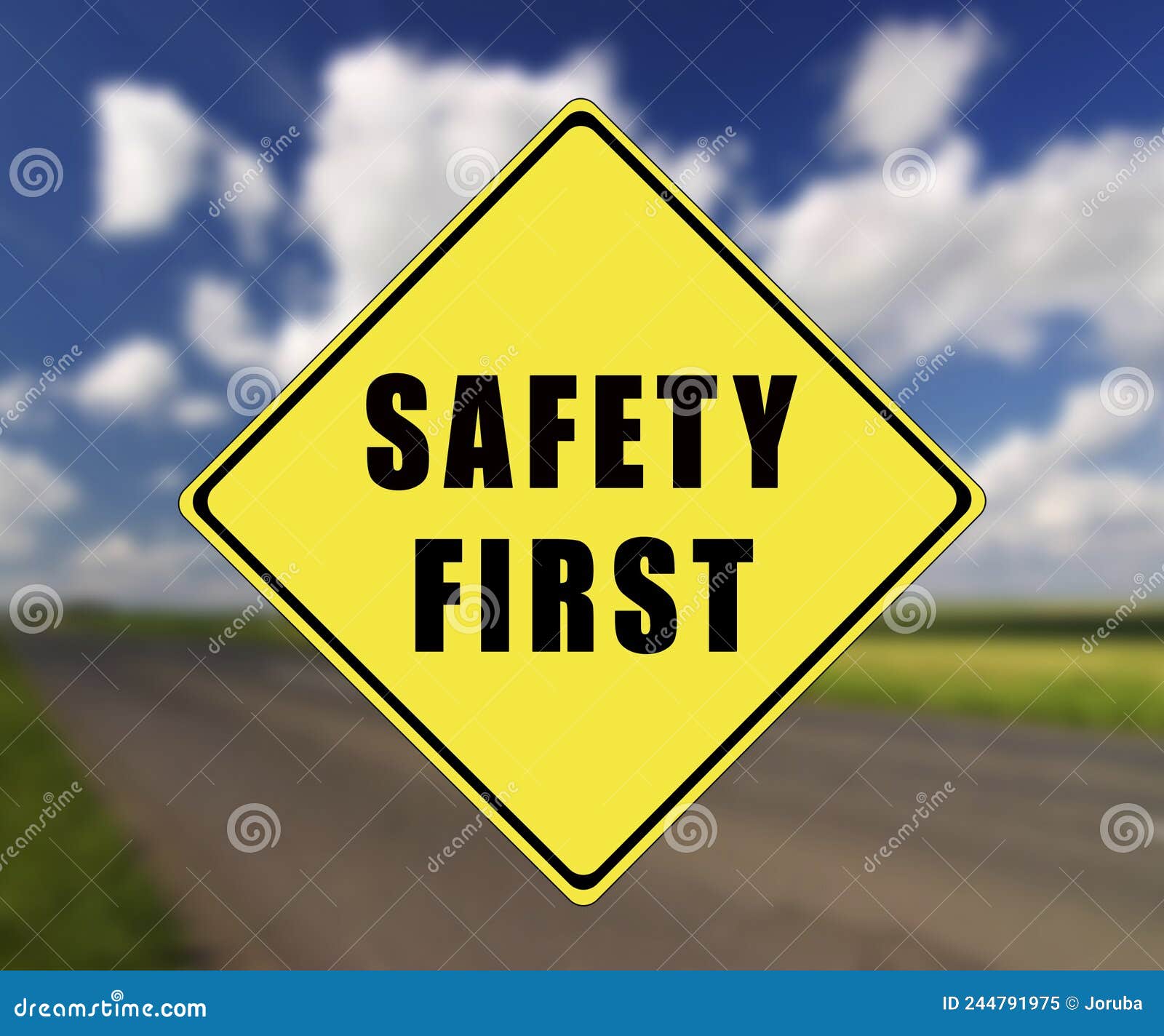 Road with Yellow Traffic Sign Safety First Text on it Stock Image ...