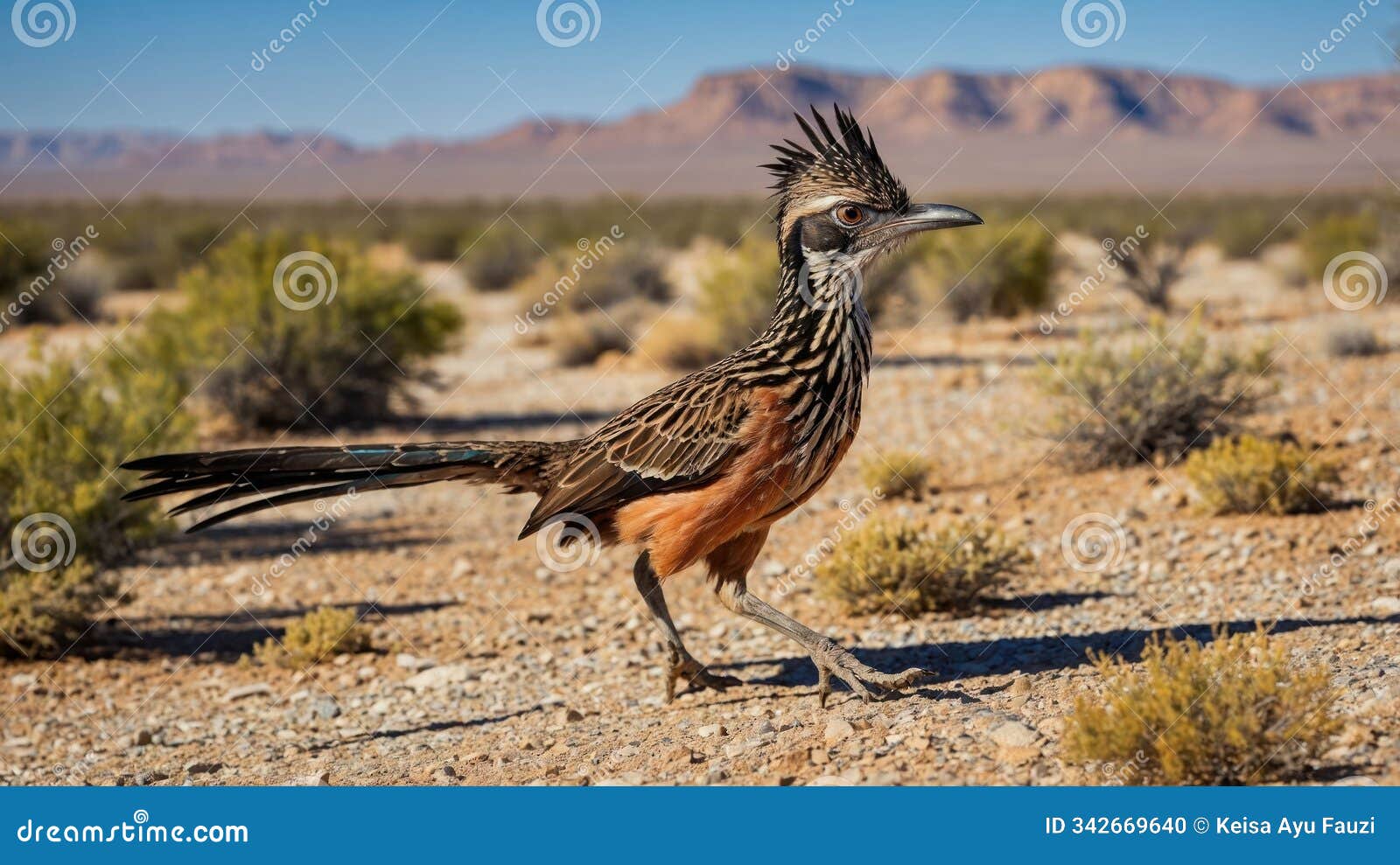 A Roadrunner Bird Walking through a Desert Landscape with Mountains in ...
