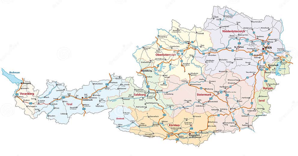 Roads and Administrative Map Austria Stock Illustration - Illustration ...