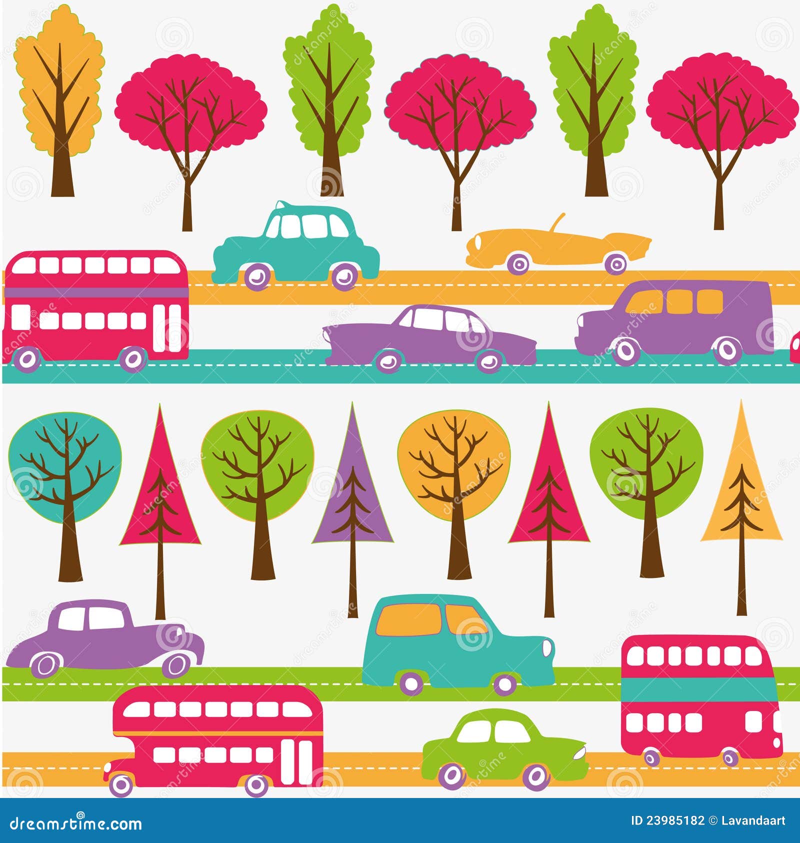 Buses, Fir Trees And Snow, Seamless Pattern Vector Illustration ...