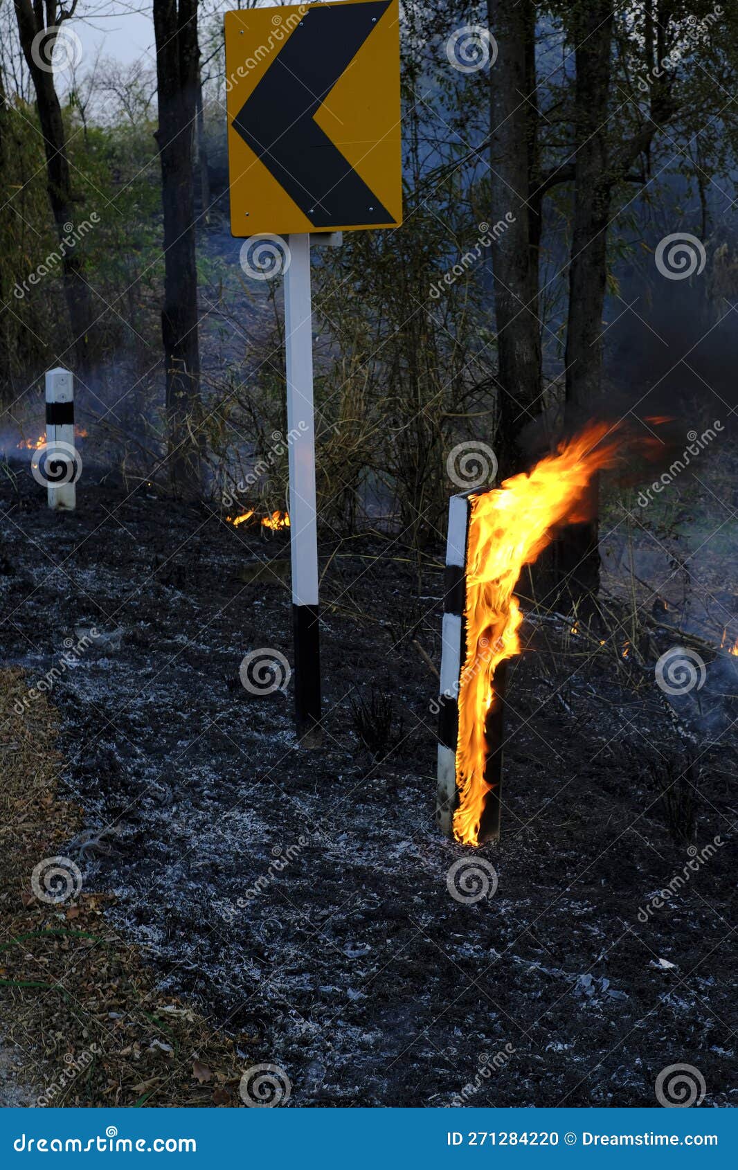 Roadside Pillar Pole is Burning with Flames and There is Smoke Rising ...