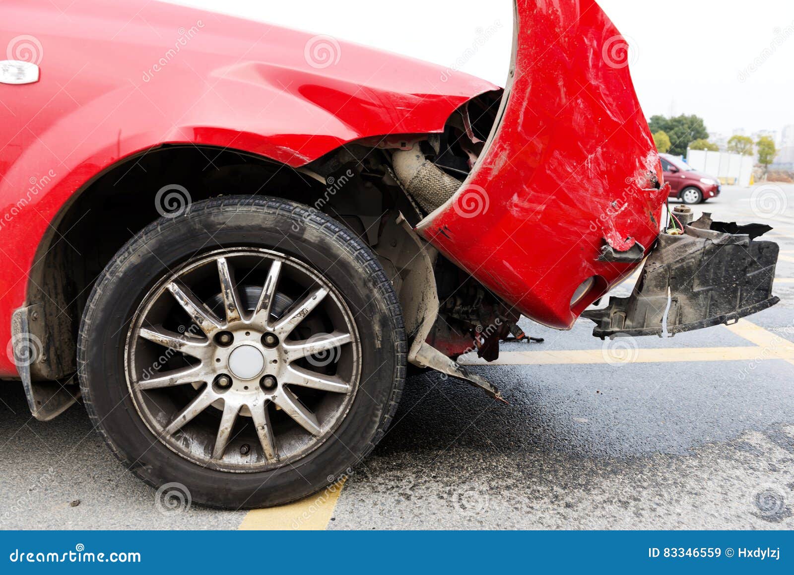 On the Roadside a Red Car Hit Stock Image - Image of scene, damaged ...