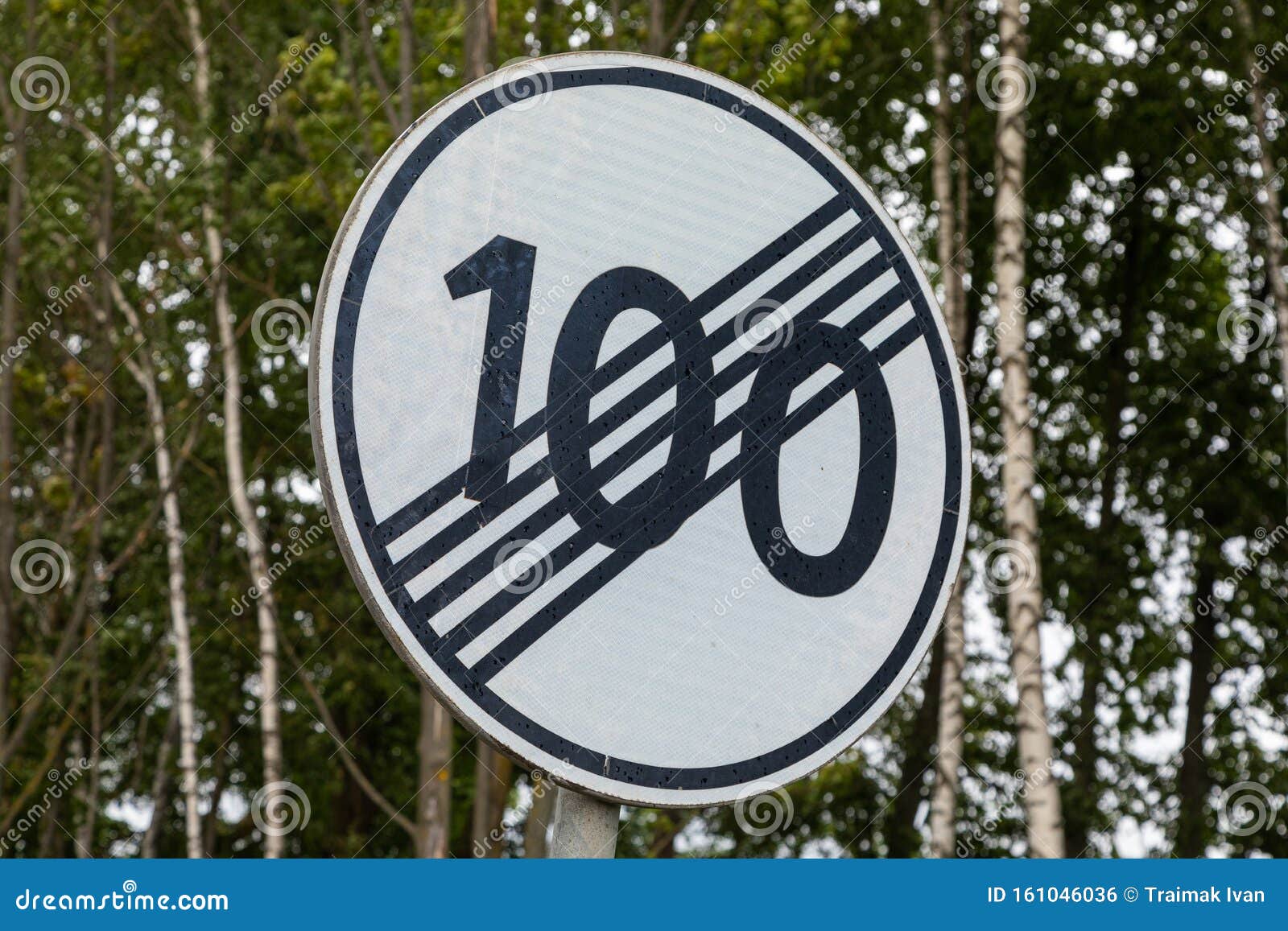 Roadsign End of Speed Limiting One Hundred Km Zone Against Forest Stock ...