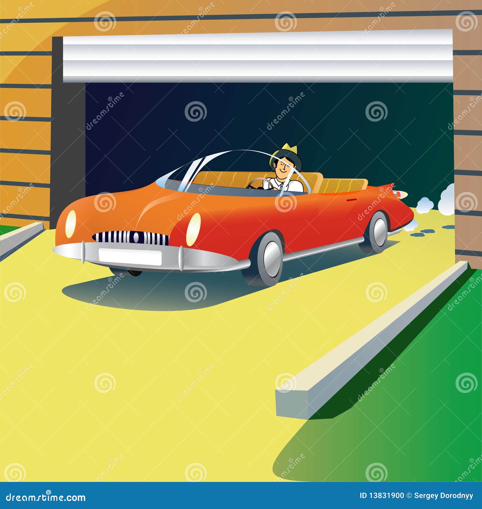 Comic Man In The Top Hat Drives A Retro Car Illustration ...