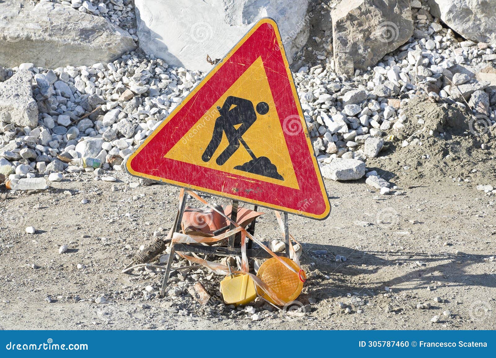 Roadwork Sign in a Construction Site with Gravel and Stones Stock Photo ...