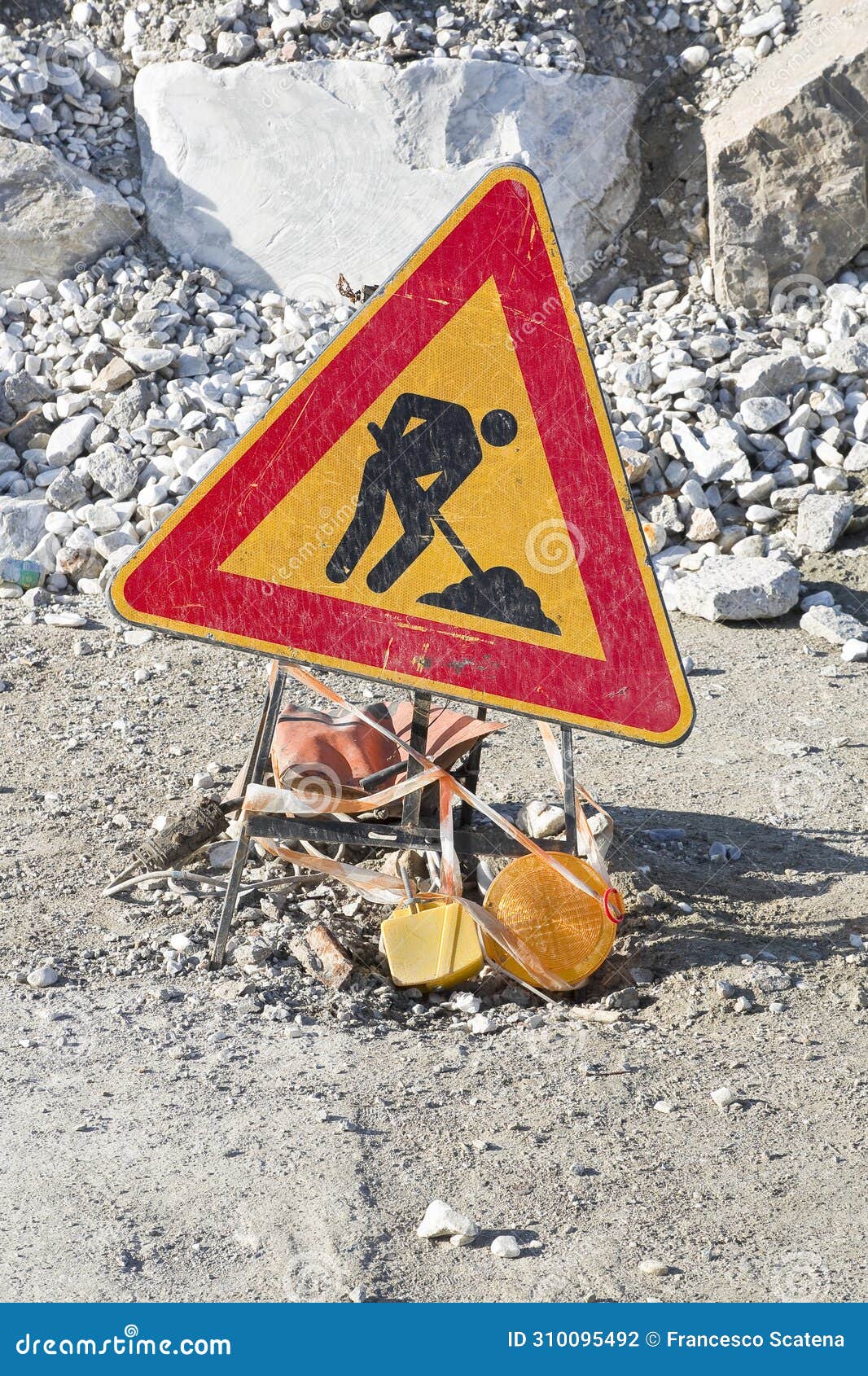 Roadwork Sign in a Construction Site with Gravel and Stones Stock Photo ...