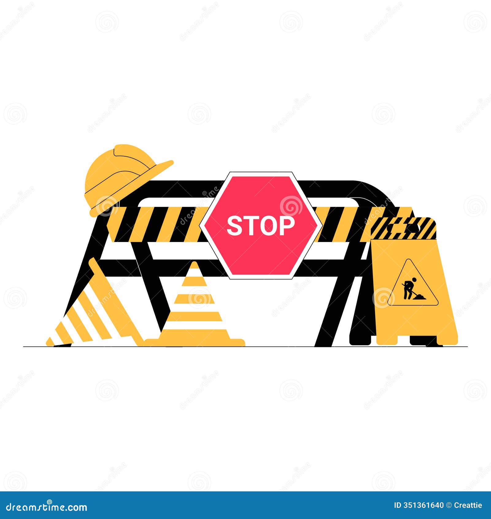 Roadwork Signage With Stop Board In Flat Vector Illustration ...