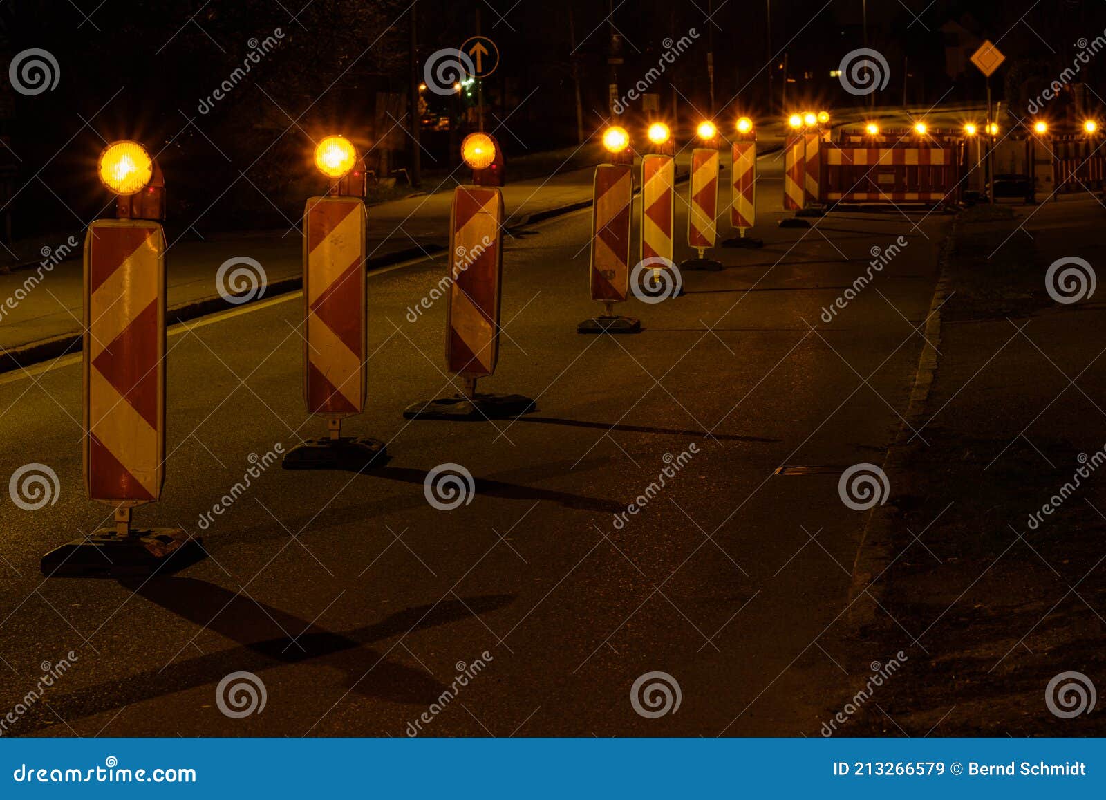 Roadworks with Warning Lights in the Night Stock Image - Image of ...