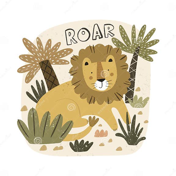 Roar. Cartoon Lion, Hand Drawing Lettering. Flat Style, Colorful ...