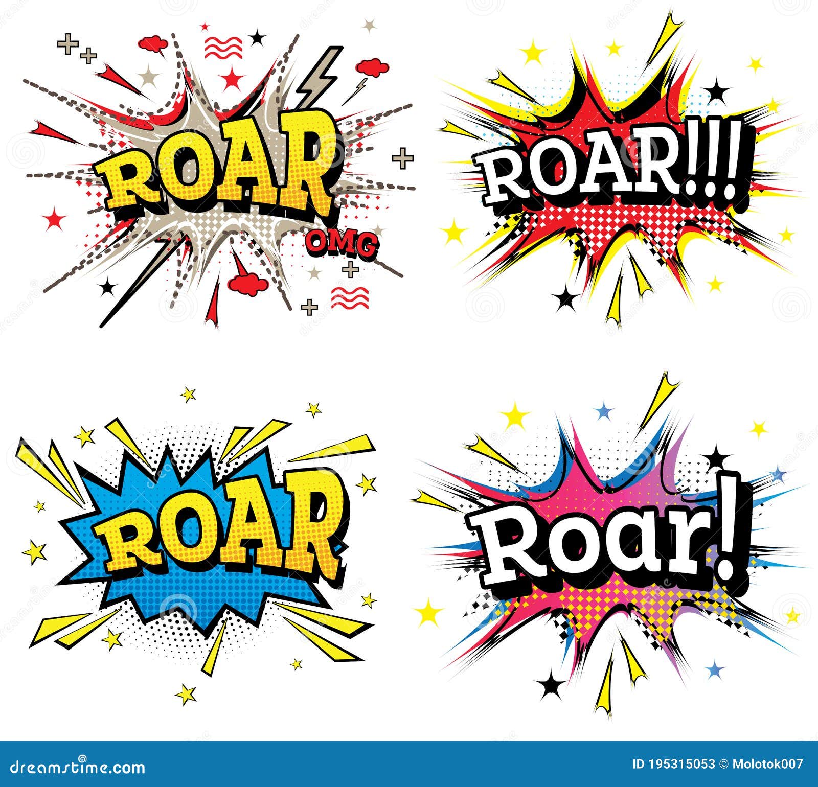 Roar Comic Text Set in Pop Art Style Isolated on White. Stock ...