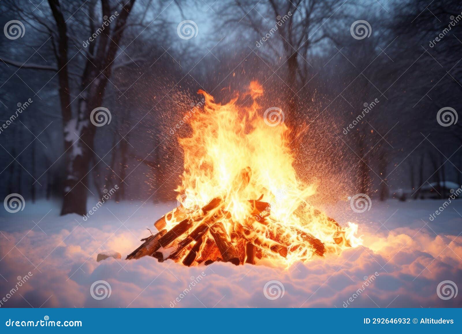 Roaring Bonfire Casting Light on Thick Snowfall Stock Photo - Image of ...