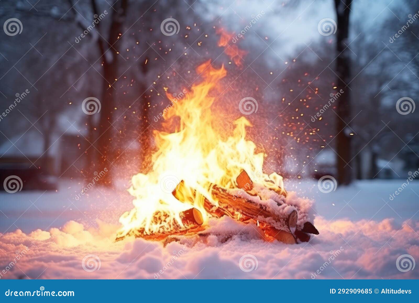 Roaring Bonfire Casting Light on Thick Snowfall Stock Image - Image of ...