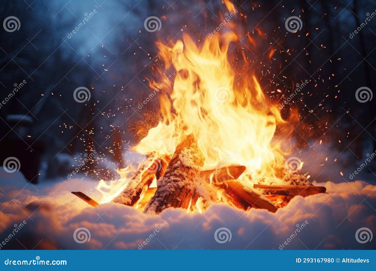 Roaring Bonfire Casting Light on Thick Snowfall Stock Photo - Image of ...