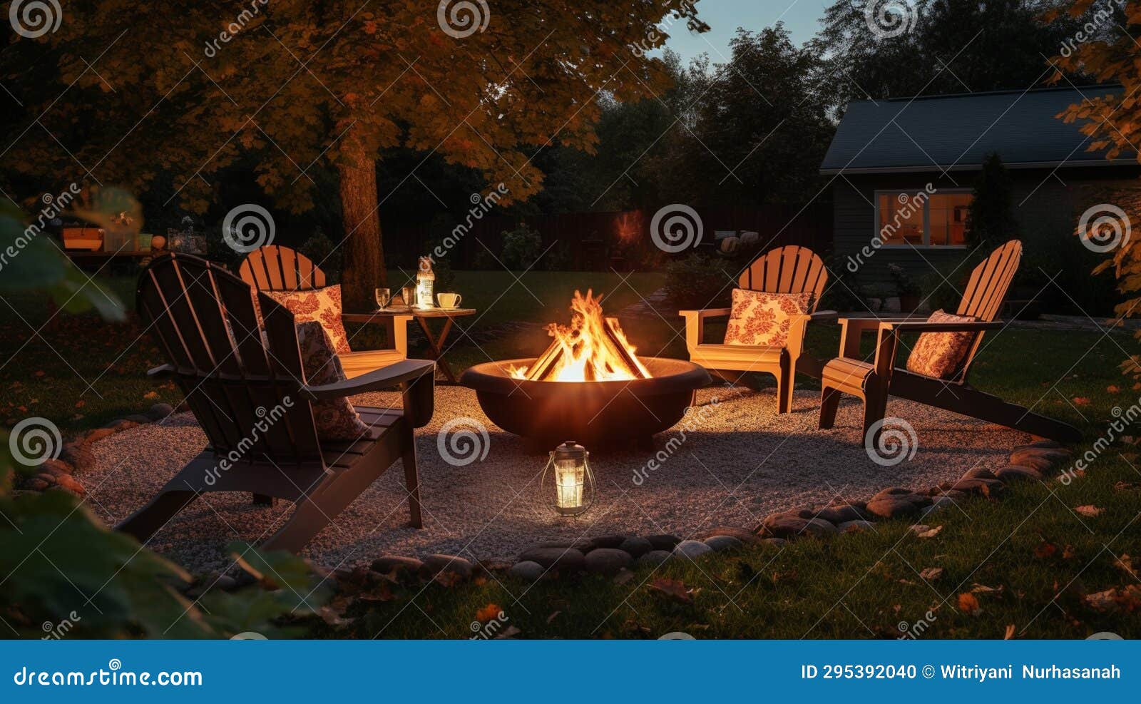 Roaring Fire in a Stone Fire Pit Wood Logs and Surrounded Trees at Dusk ...