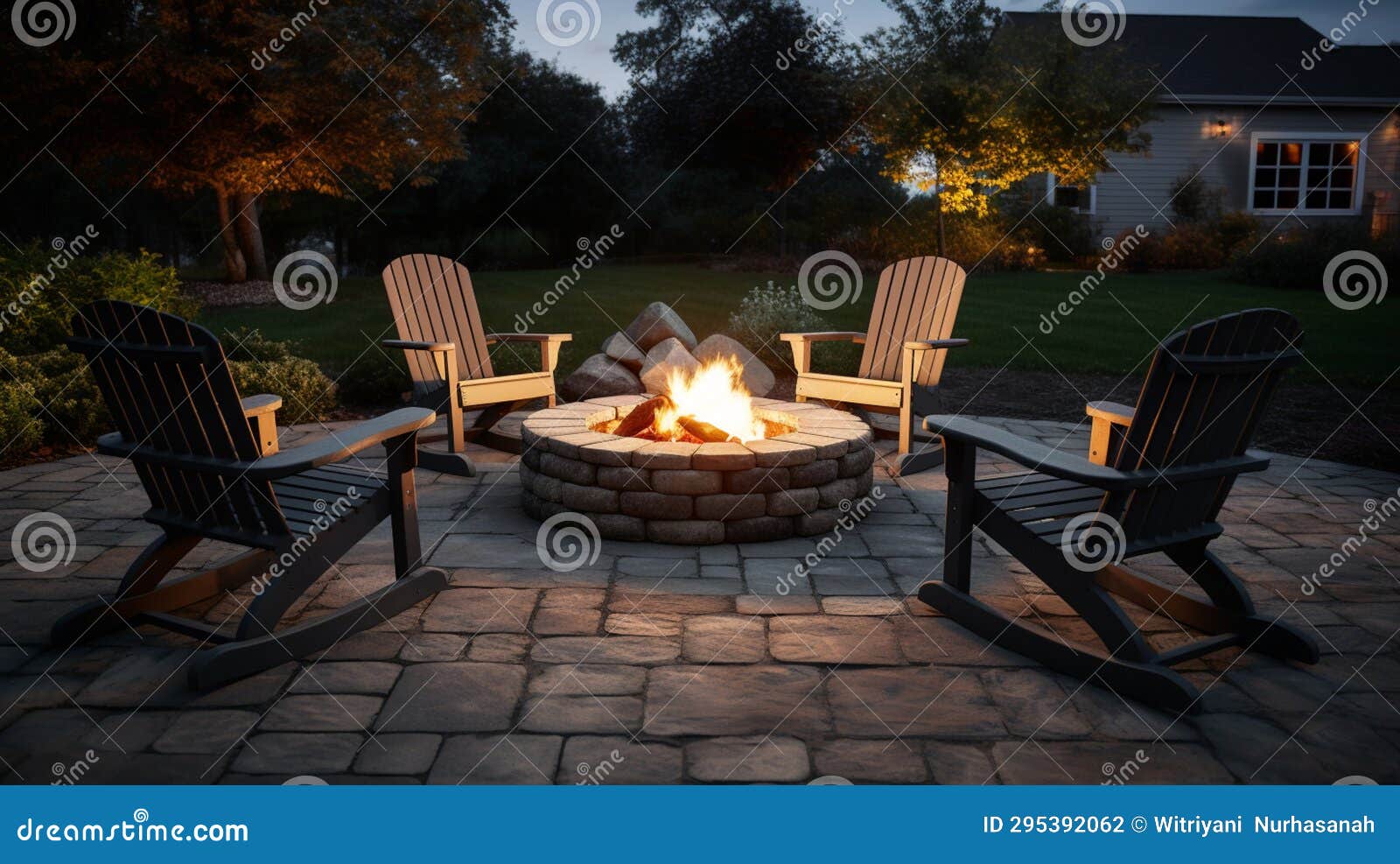 Roaring Fire in a Stone Fire Pit Wood Logs and Surrounded Trees at Dusk ...