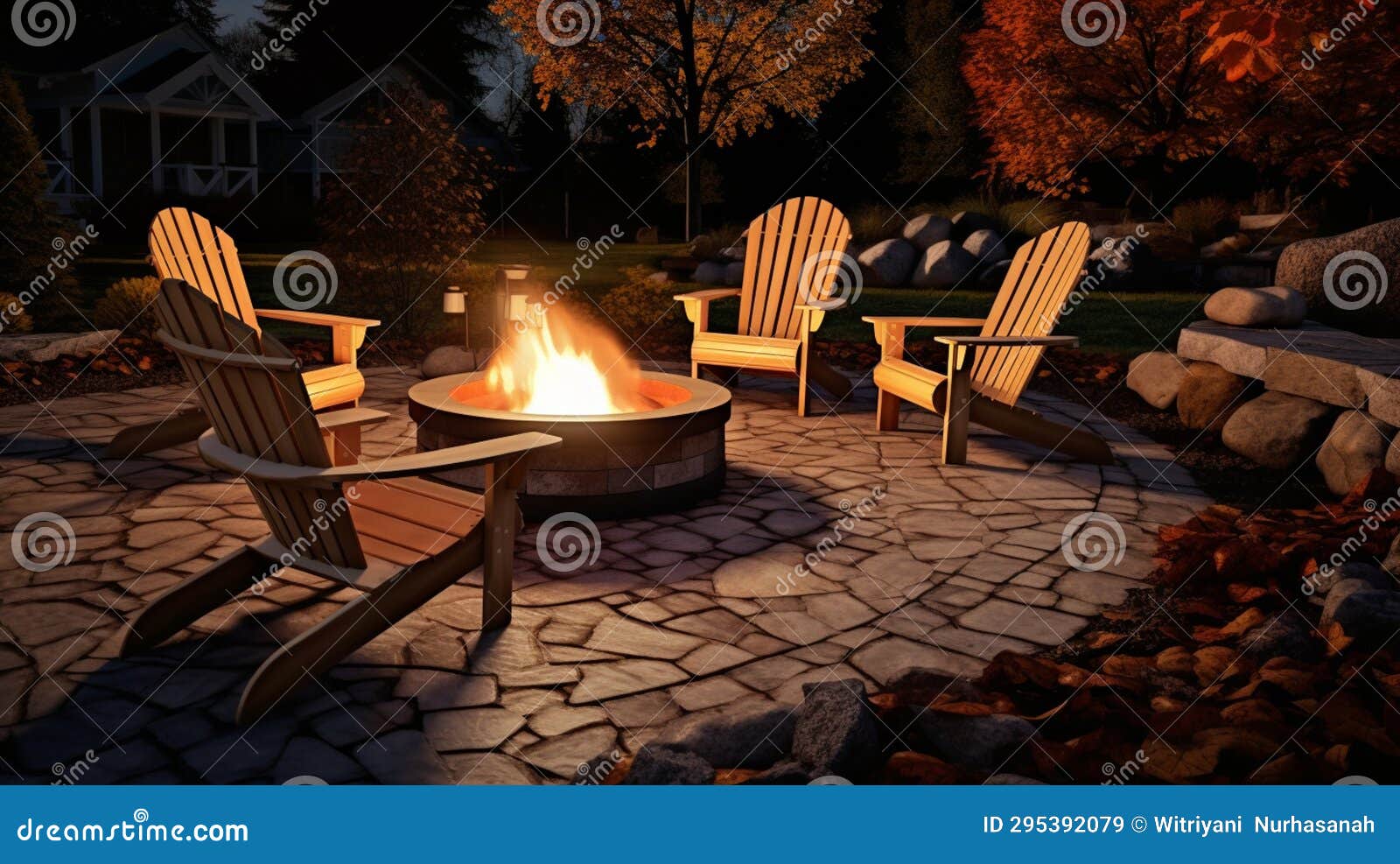 Roaring Fire in a Stone Fire Pit Wood Logs and Surrounded Trees at Dusk ...