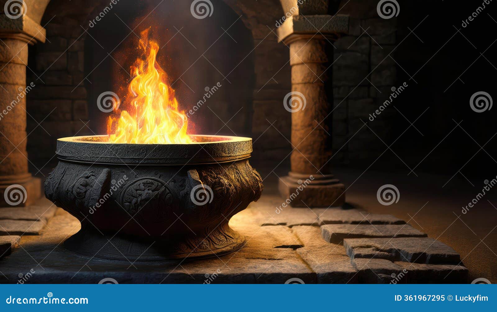 Roaring Flame Inside Stone Brazier Symbolizes Power on Ancient Altar ...