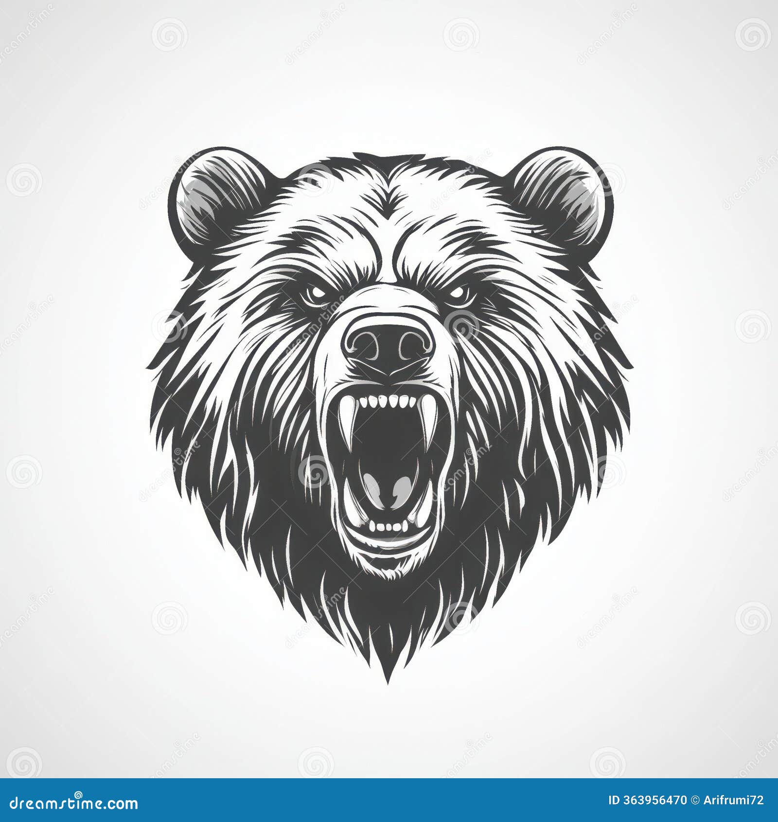 Roaring Grizzly Bear Head Black And White Illustration Royalty-Free ...