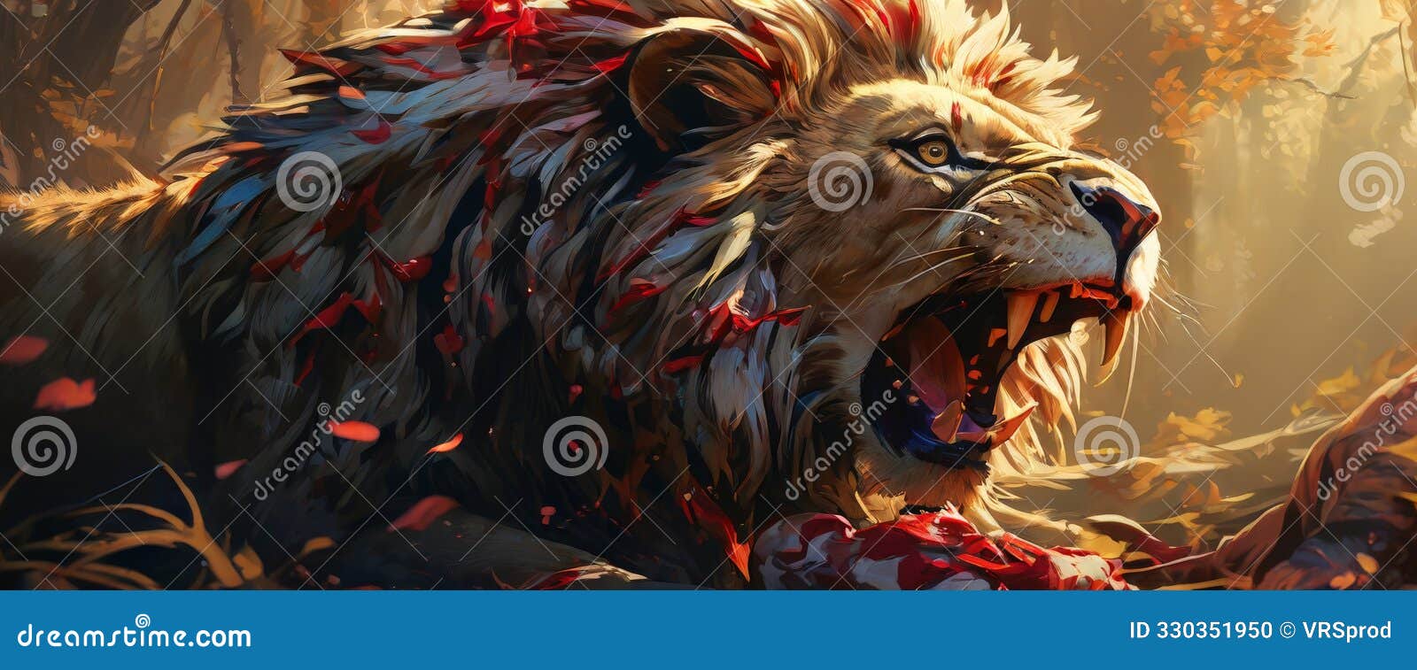 Roaring Lion with Bloodied Prey in Forest Stock Photo - Image of fauna ...