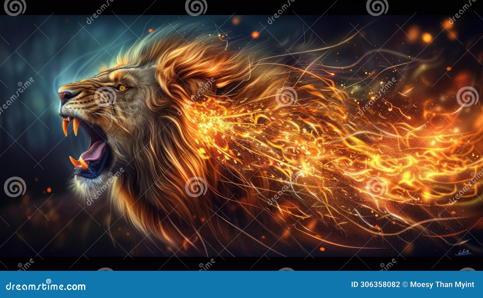 Roaring Lion with Cosmic Fire Effect Stock Illustration - Illustration ...