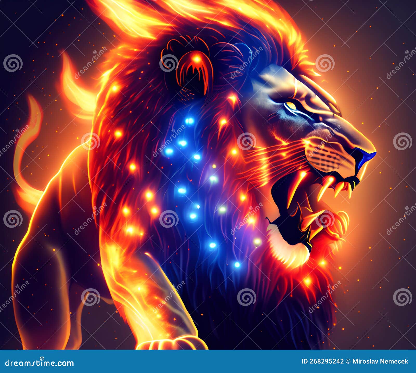 Roaring Lion with Flames, Generative AI Illustration Stock Illustration ...