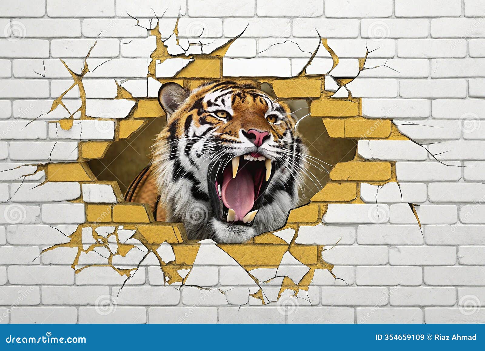 Fierce Tiger Breaking through Brick Wall - Dramatic 3D Effect Stock ...