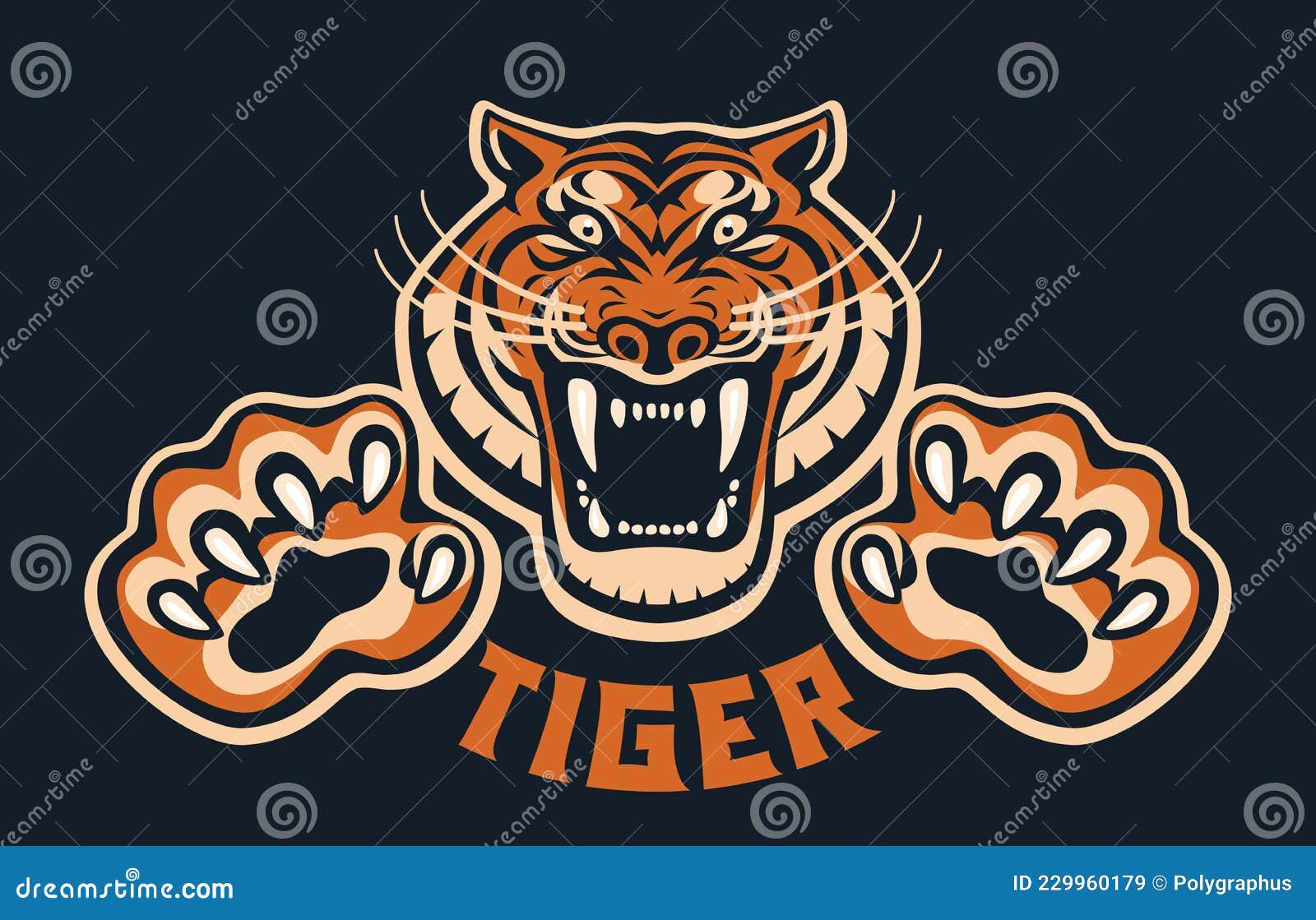 Roaring Tiger Head With Clawed Paws Front View Logo Design Template ...