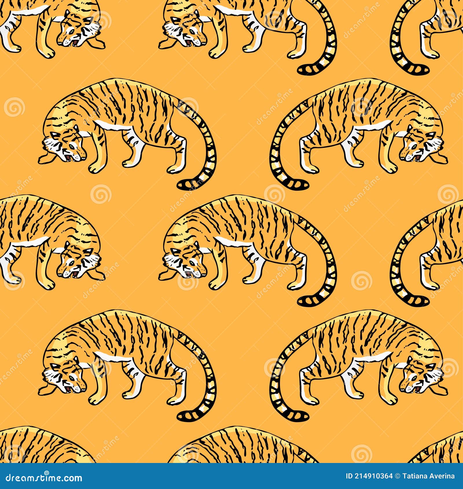 Roaring Tigers, Seamless Pattern on Orange Background. Vector ...