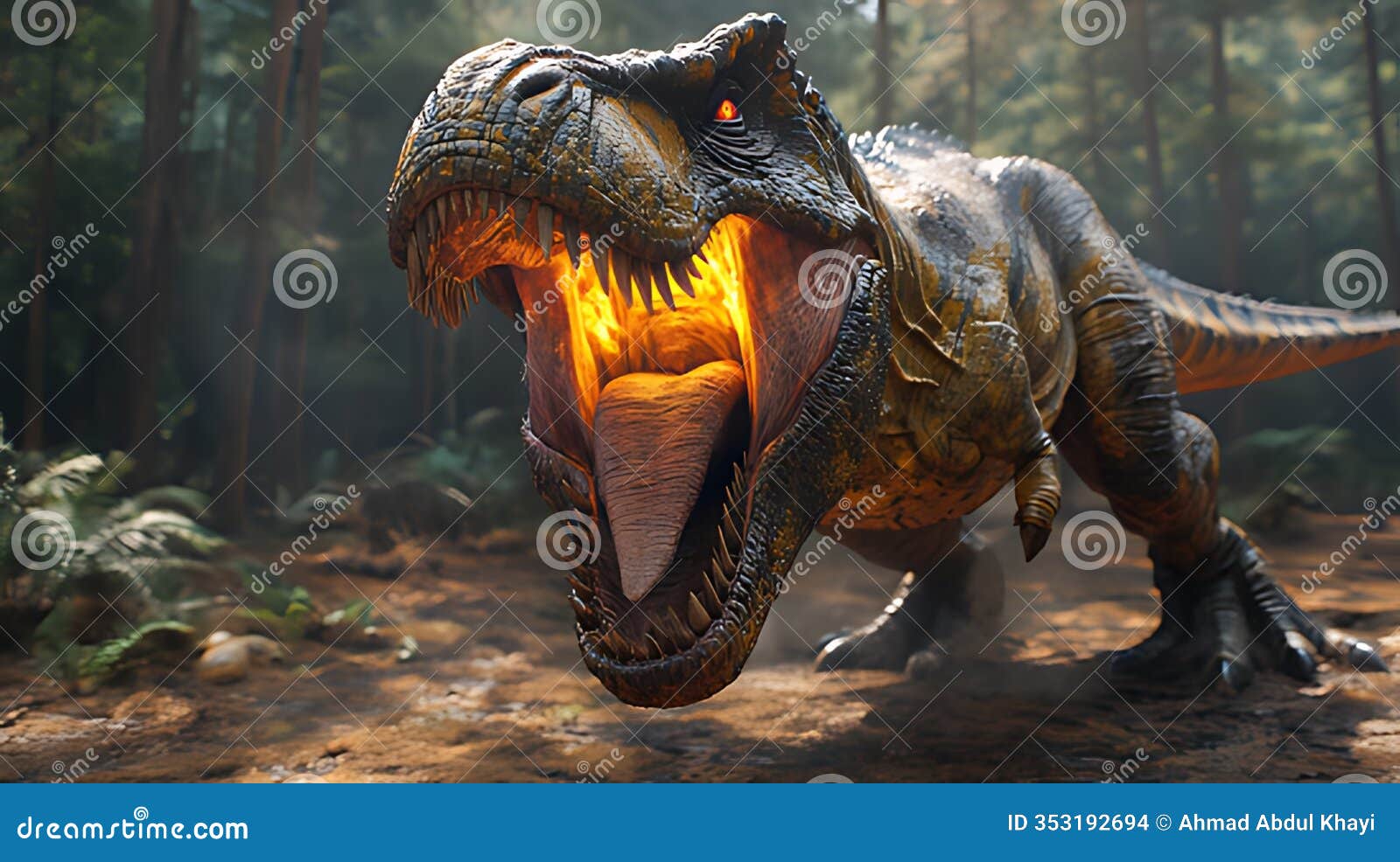 Tyrannosaurus Rex Roaring In A Prehistoric Forest With Ferns And ...