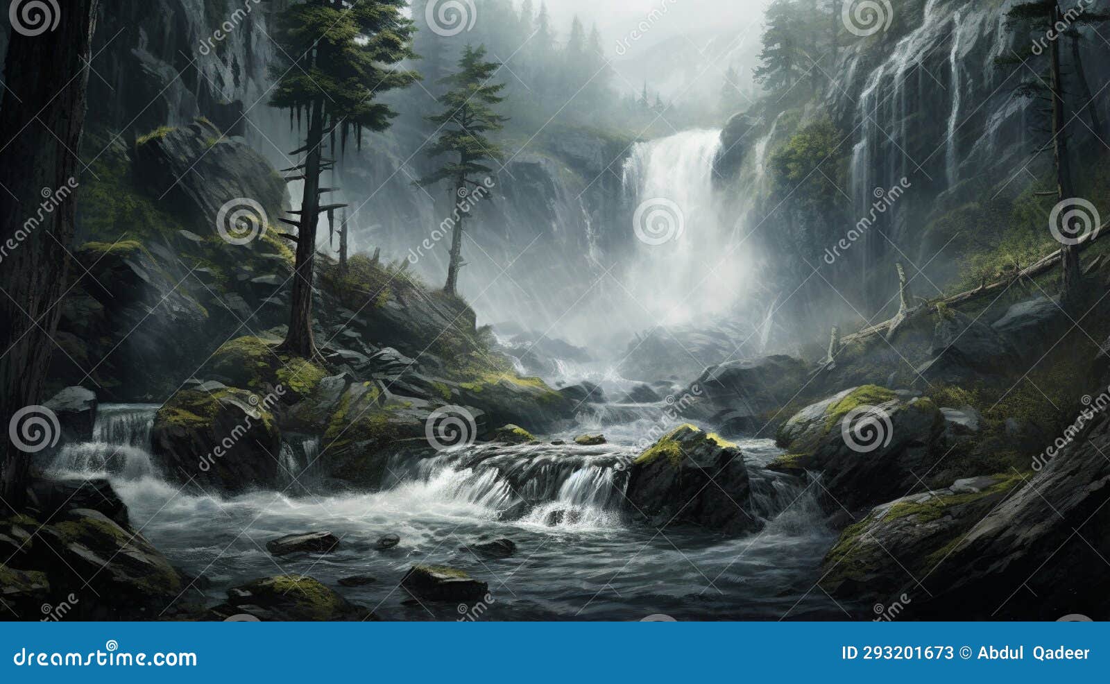 A Roaring Waterfall Merging with a Dense Misty Forest Stock ...