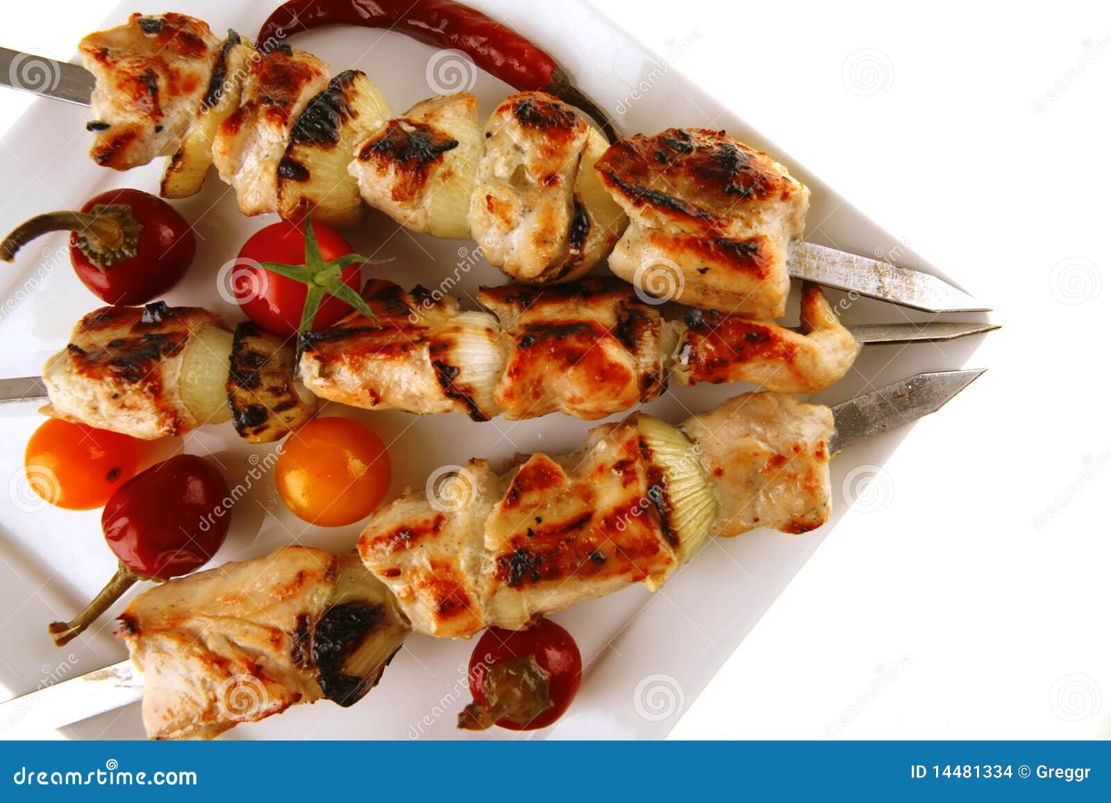 Roast Chicken Shish Kebab on White Stock Photo - Image of onion ...