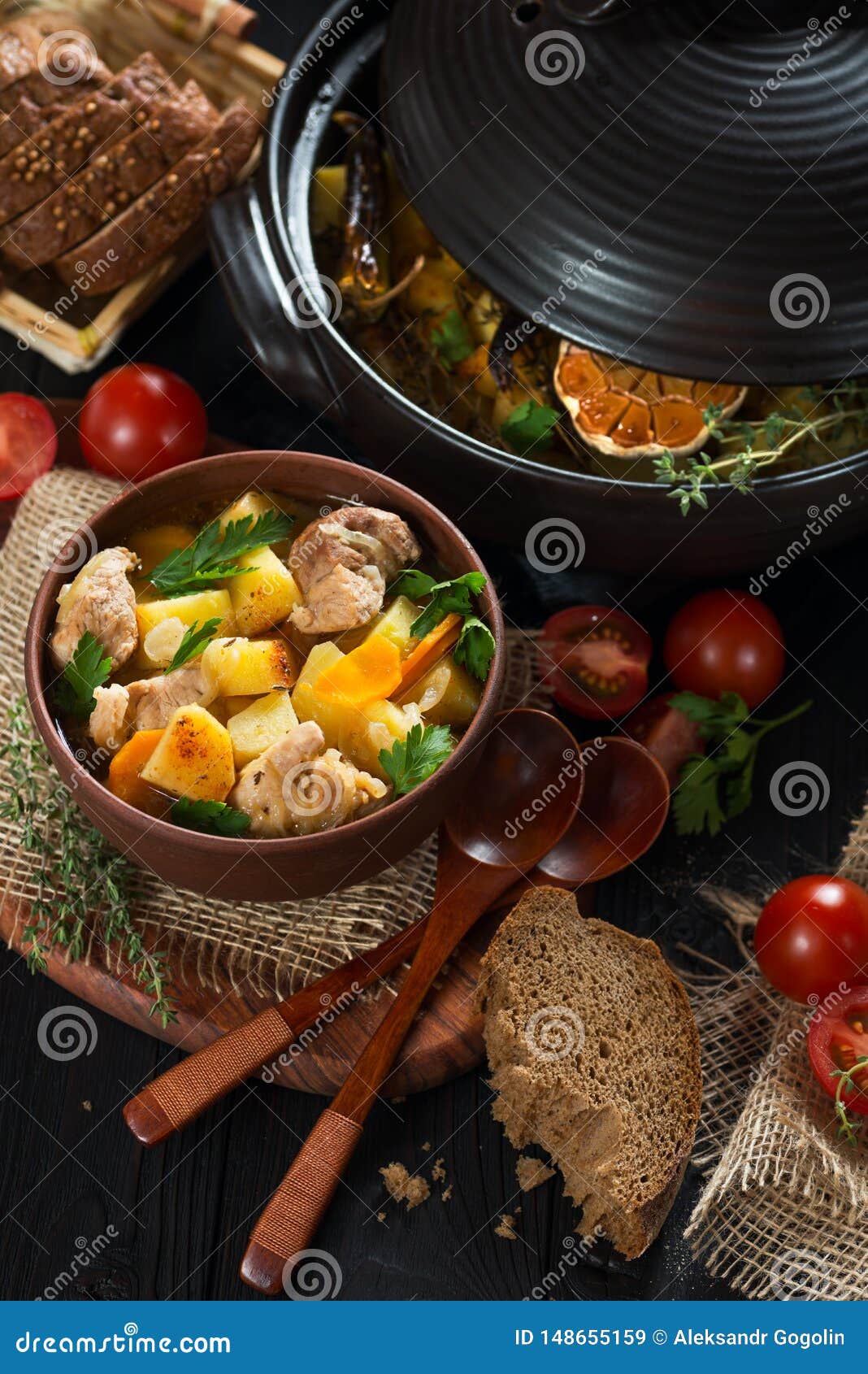 Roast in a Clay Pot Rustic Style Stock Image - Image of dish, board ...